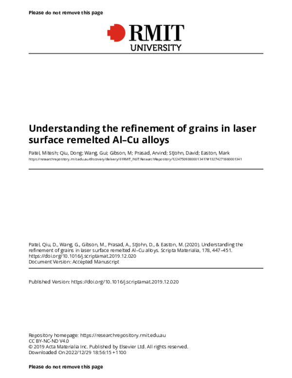 Pdf Understanding The Refinement Of Grains In Laser Surface Remelted Al Cu Alloys