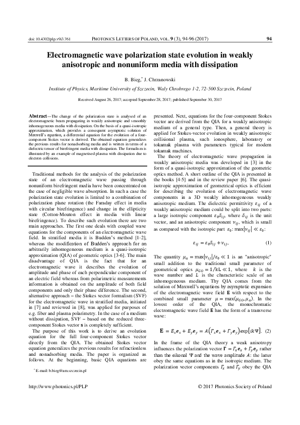 (PDF) Electromagnetic wave polarization state evolution in weakly anisotropic and nonuniform ...