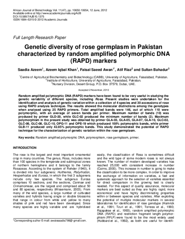 (PDF) Genetic diversity of rose germplasm in Pakistan characterized by ...