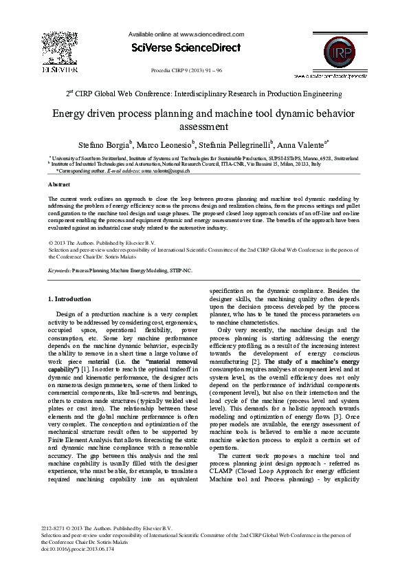 (PDF) Energy driven process planning and machine tool dynamic behavior assessment