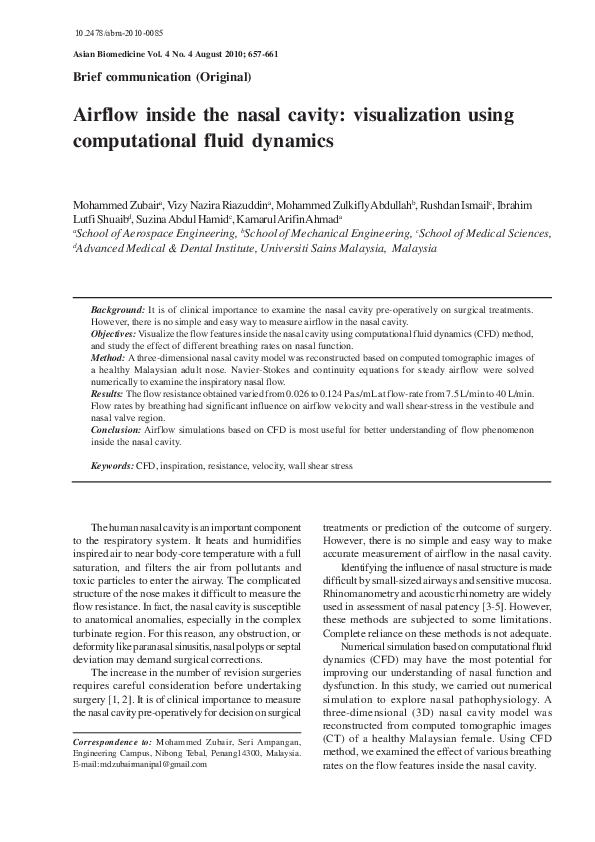 (PDF) Airflow inside the nasal cavity: visualization using computational fluid dynamics
