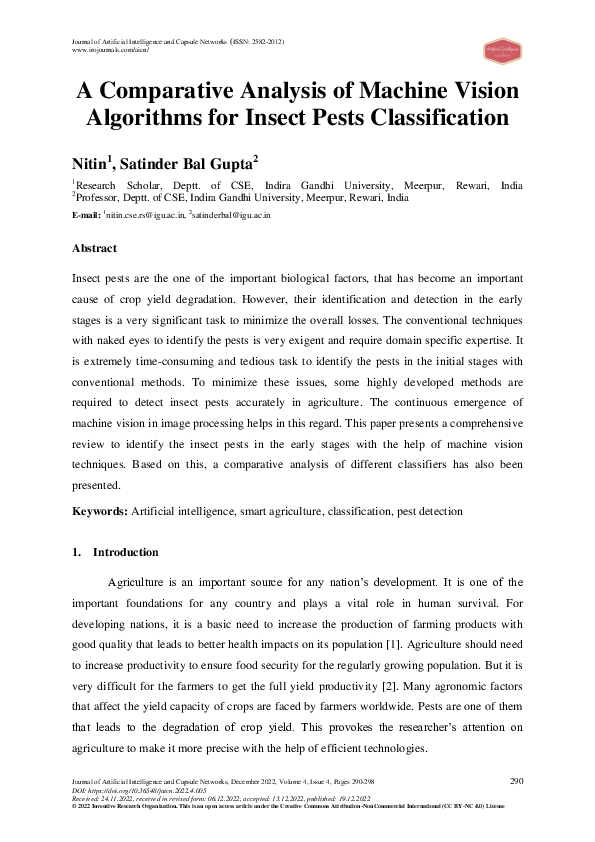(PDF) A Comparative Analysis of Machine Vision Algorithms for Insect Pests Classification