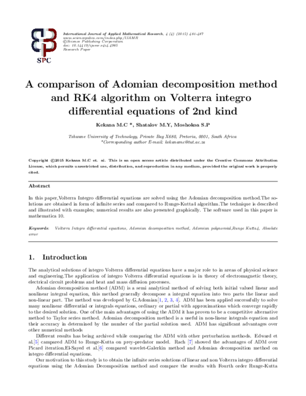 (PDF) Comparison of Adomian Decomposition Method and Differential Transformation Method for ...