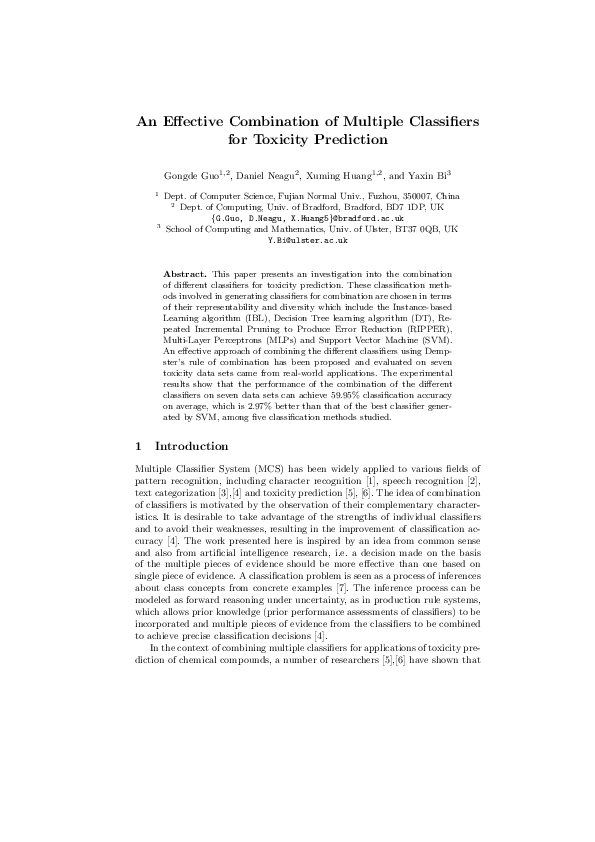 (PDF) An Effective Combination of Multiple Classifiers for Toxicity Prediction