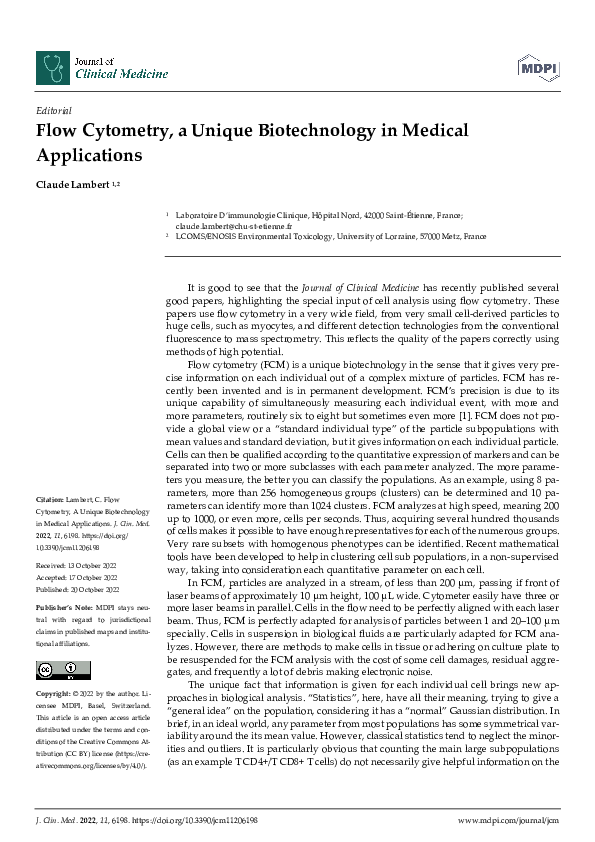 (PDF) Flow Cytometry, a Unique Biotechnology in Medical Applications