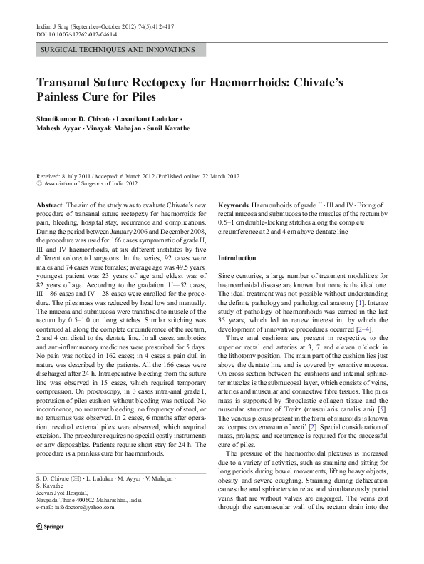 (PDF) Transanal Suture Rectopexy for Haemorrhoids: Chivate’s Painless ...