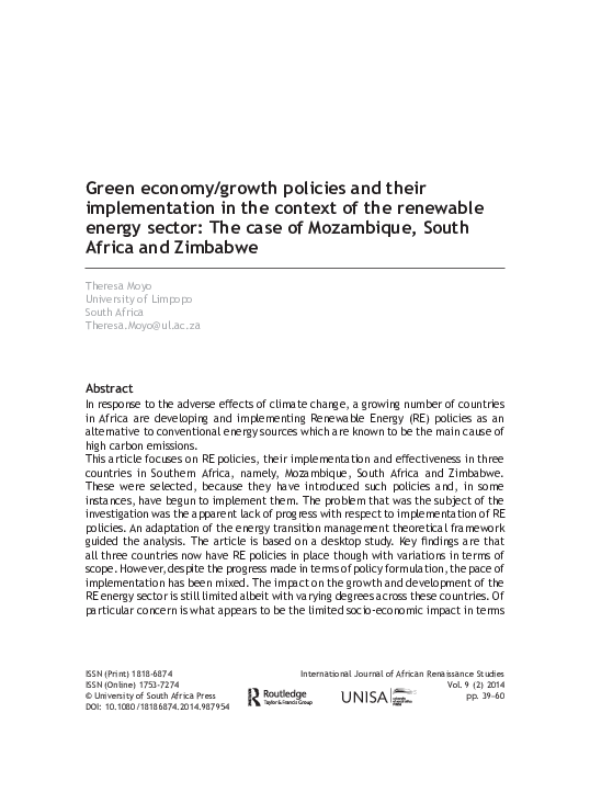 (PDF) Green economy/growth policies and their implementation in the ...