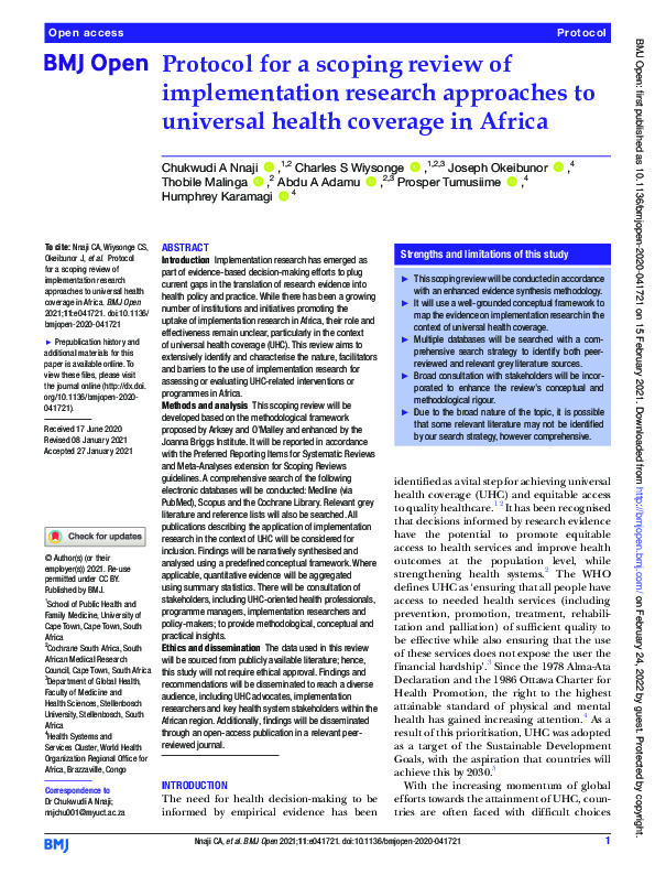 (PDF) Protocol for a scoping review of implementation research ...