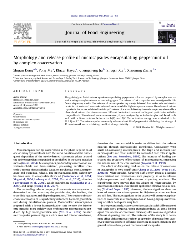 Pdf Morphology And Release Profile Of Microcapsules Encapsulating Peppermint Oil By Complex