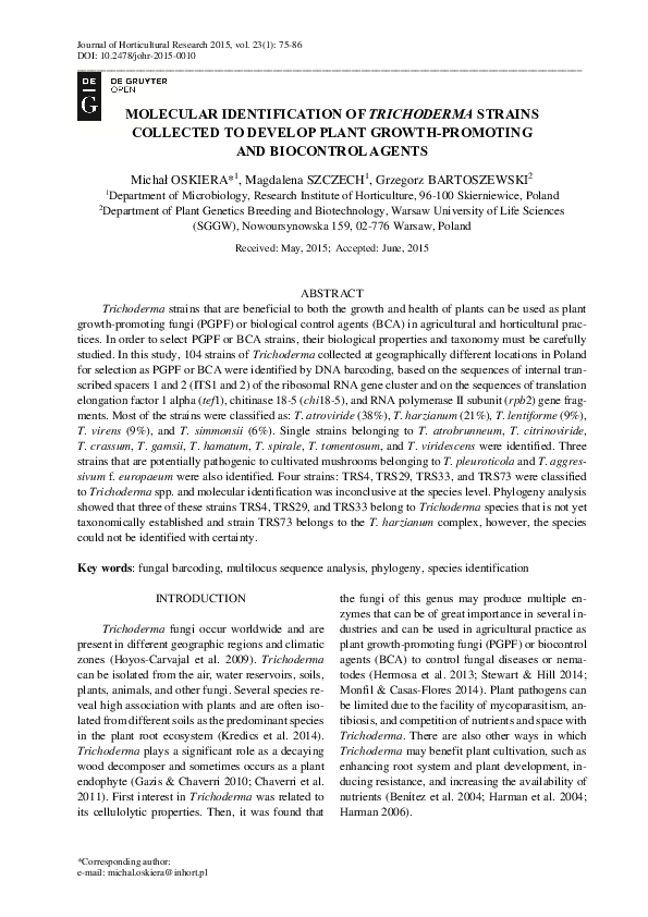 (PDF) Molecular Identification Of Trichoderma Strains Collected To ...