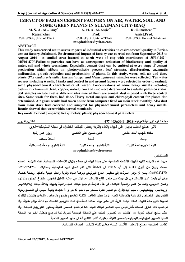 (PDF) Impact of Bazian Cement Factory on Air, Water, Soil, and Some ...