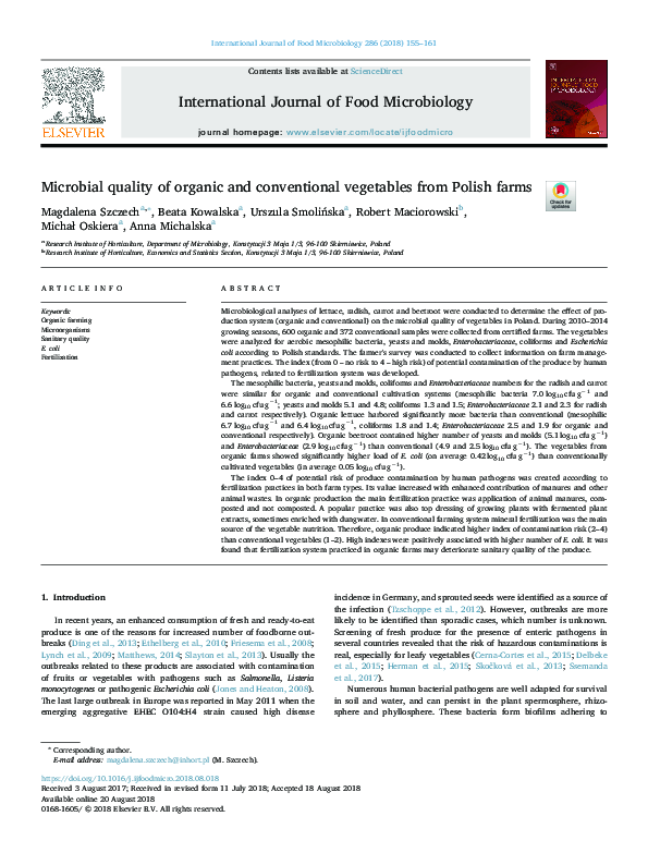 (PDF) Microbial quality of organic and conventional vegetables from ...