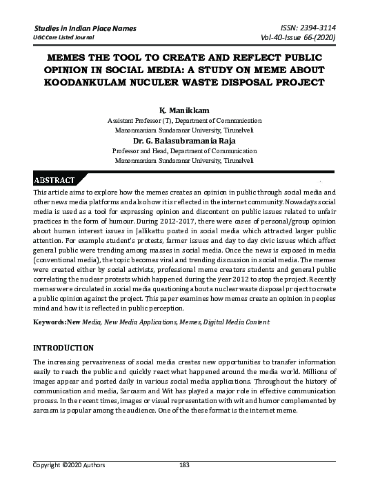 (PDF) MEMES THE TOOL TO CREATE AND REFLECT PUBLIC OPINION IN SOCIAL ...