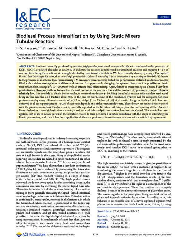 Pdf Biodiesel Process Intensification By Using Static Mixers Tubular Reactors