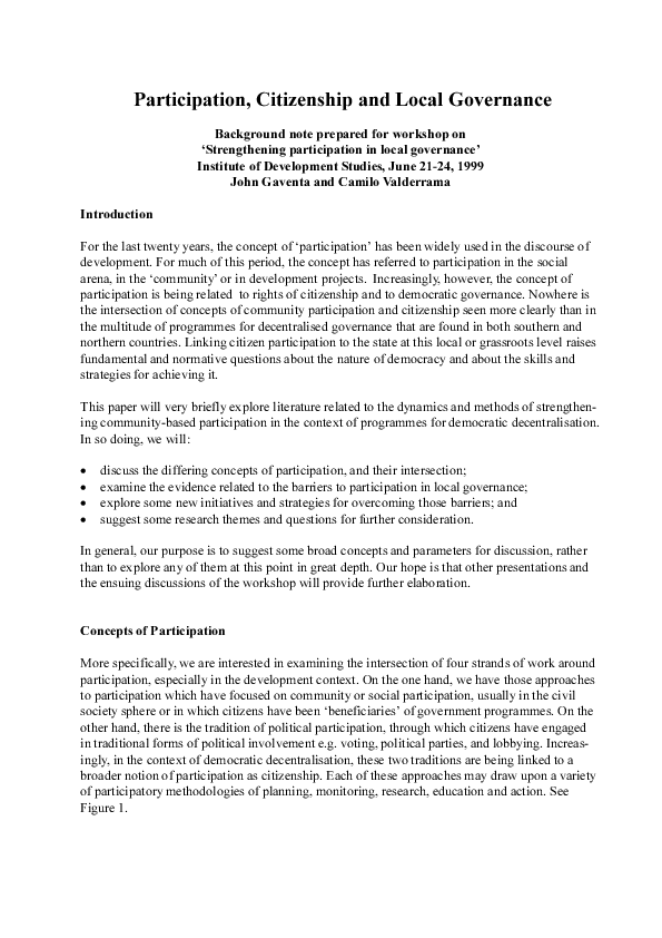 (PDF) Citizenship and Local Governance. Background paper on ...