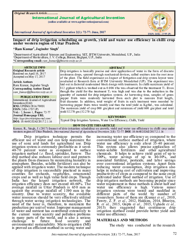 Pdf Impact Of Drip Irrigation Scheduling On Growth Yield And Water