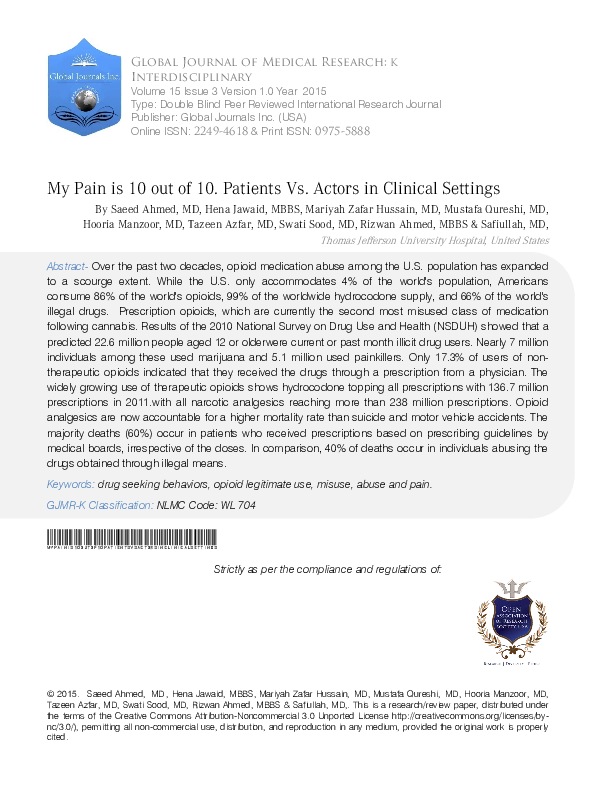 (PDF) My Pain is 10 out of 10. Patient vs. Actors in Clinical Settings