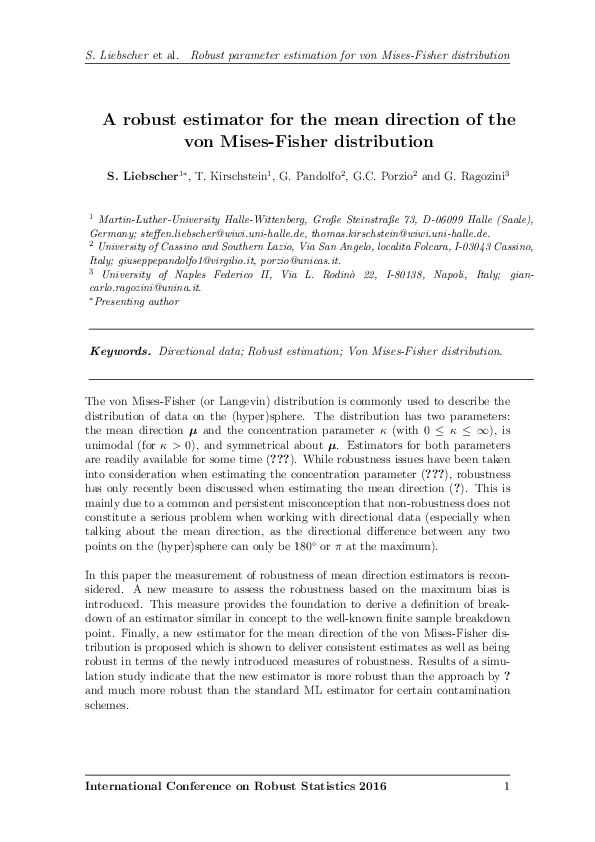 (PDF) A robust estimator for the mean direction of the von Mises-Fisher distribution