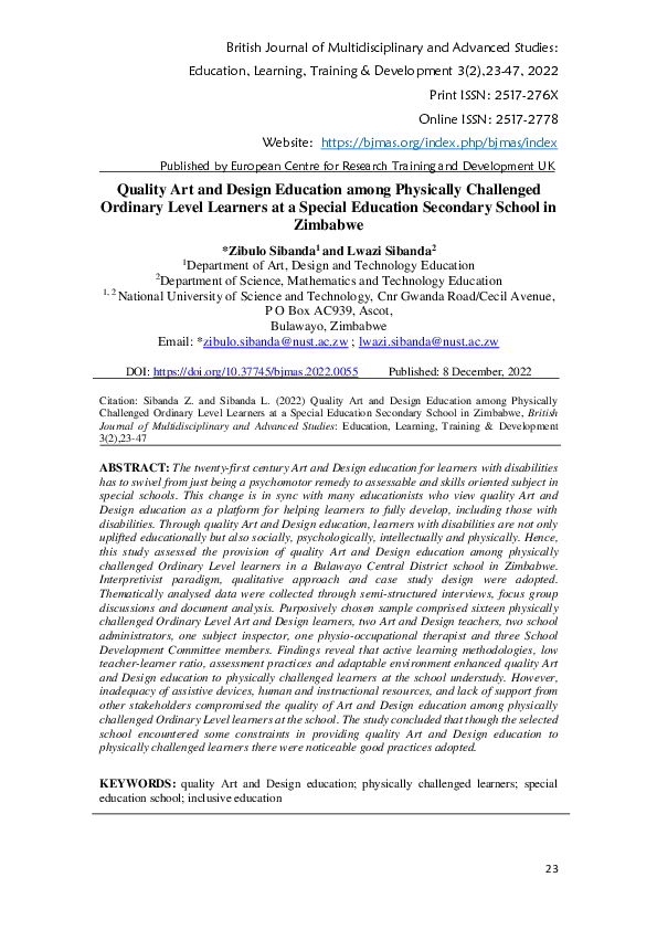 (PDF) Quality Art and Design Education among Physically Challenged Ordinary Level Learners at a ...