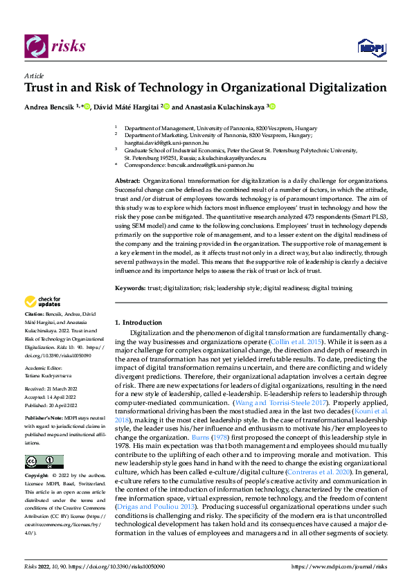 (PDF) Trust in and Risk of Technology in Organizational Digitalization