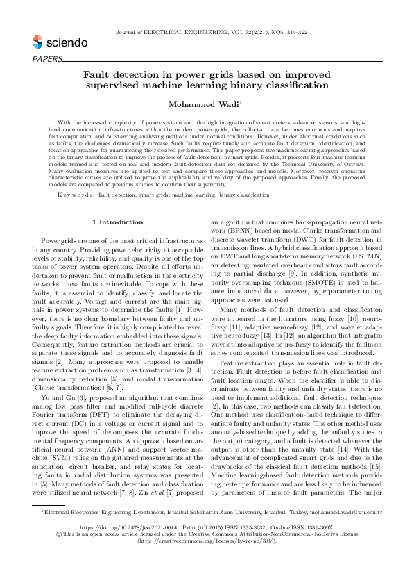 Pdf Fault Detection In Power Grids Based On Improved Supervised Machine Learning Binary