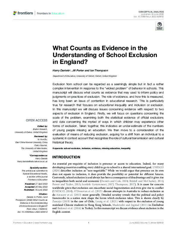 (PDF) What Counts as Evidence in the Understanding of School Exclusion ...