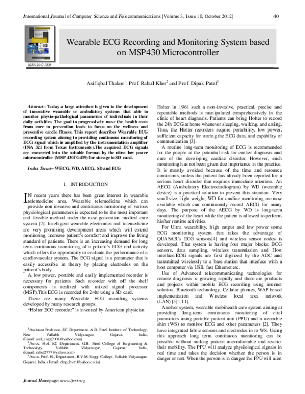 (PDF) Wearable ECG Recording and Monitoring System based on MSP430 Microcontroller