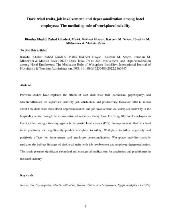 (PDF) Dark triad traits, job involvement, and depersonalization among ...