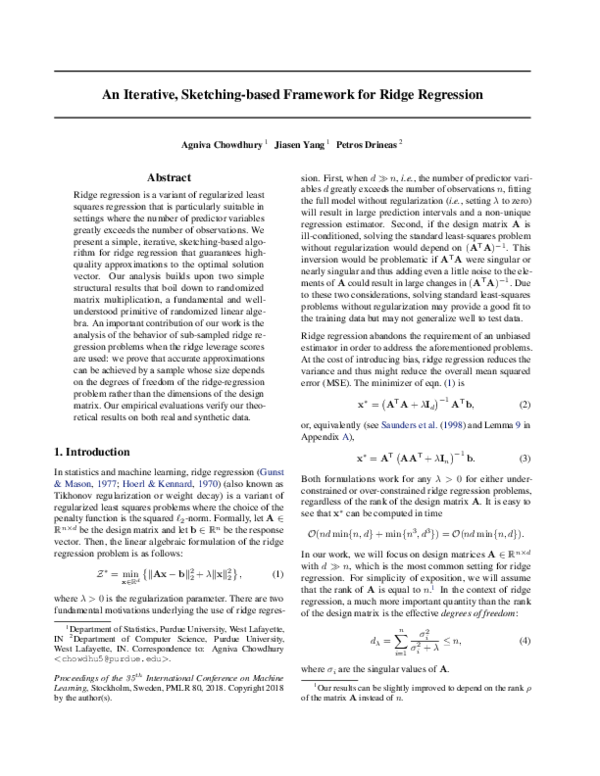 Pdf An Iterative Sketching Based Framework For Ridge Regression