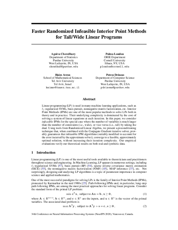 (PDF) Faster Randomized Infeasible Interior Point Methods for Tall/Wide ...