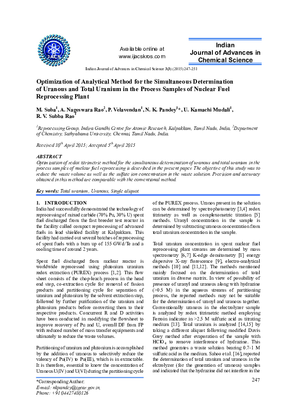 Pdf Optimization Of Analytical Method For The Simultaneous Determination Of Uranous And Total