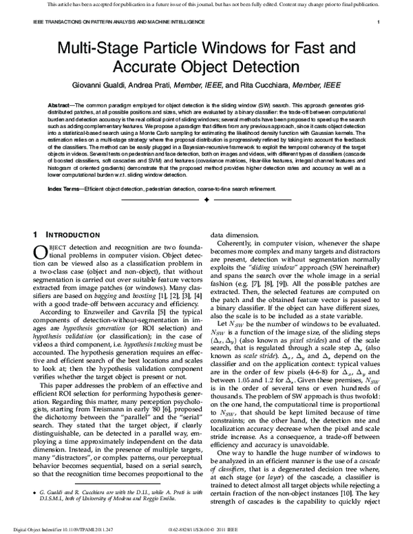 Pdf Multistage Particle Windows For Fast And Accurate Object Detection Andrea Prati