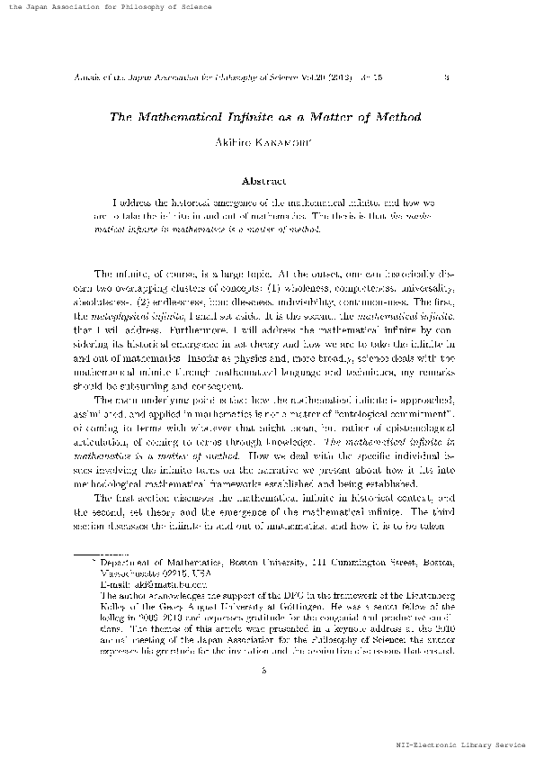 (PDF) The Mathematical Infinite as a Matter of Method( Infinity in Philosophy and Mathematics)