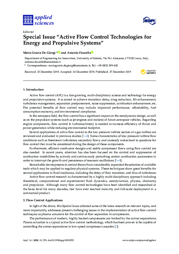 (PDF) Special Issue “Active Flow Control Technologies for Energy and ...