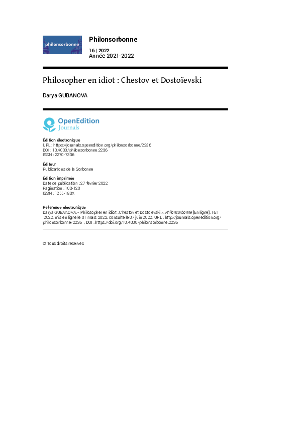 (PDF) Philosopher en idiot : Chestov et Dostoïevski