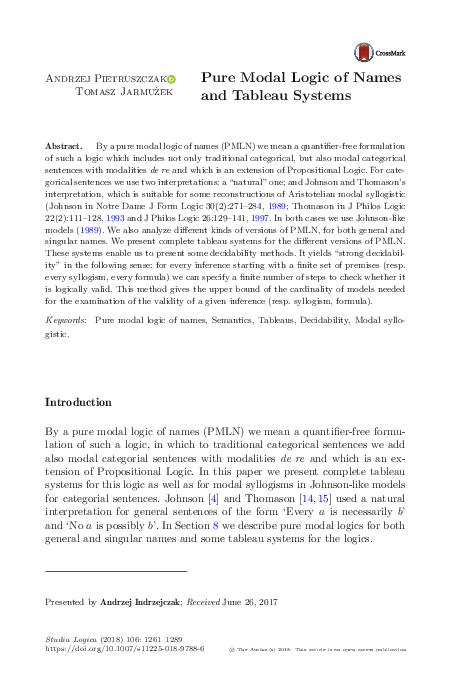 (PDF) Pure Modal Logic of Names and Tableau Systems | Andrzej Pietruszczak - Academia.edu