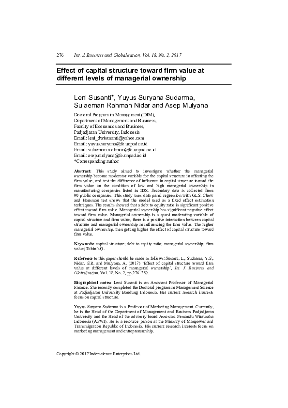 (PDF) Effect of capital structure toward firm value at different levels of managerial ownership