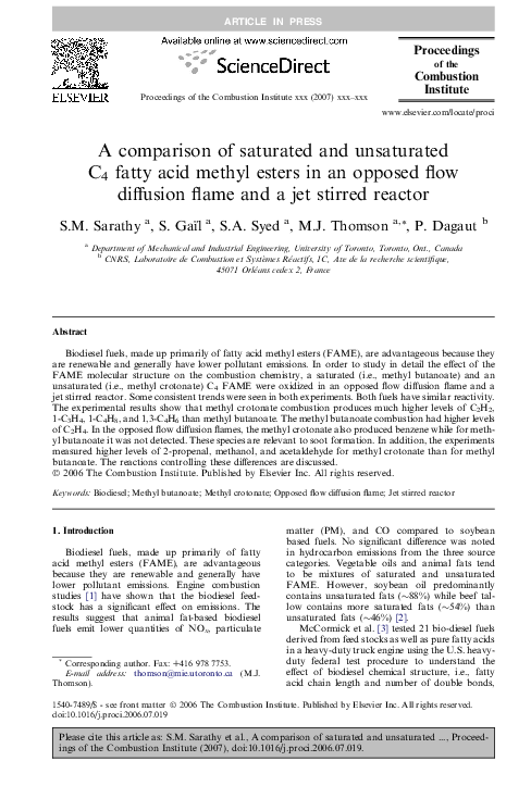 (PDF) A comparison of saturated and unsaturated C4 fatty acid methyl ...