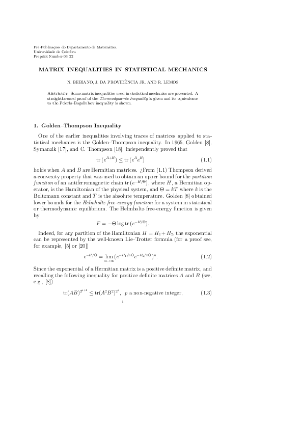 (PDF) Matrix inequalities in statistical mechanics