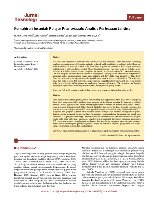 (PDF) Kemahiran Insaniah Pelajar Prasiswazah: Analisis Perbezaan Jantina