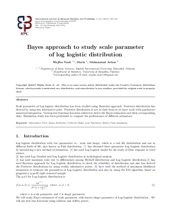 (PDF) Bayes approach to study scale parameter of log logistic distribution