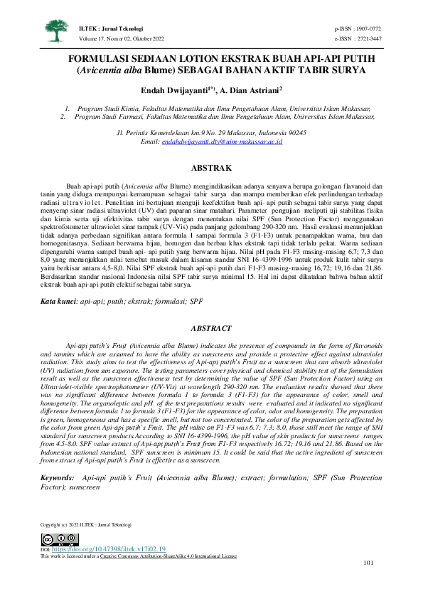 (PDF) FORMULASI SEDIAAN LOTION EKSTRAK BUAH API-API PUTIH (Avicennia ...