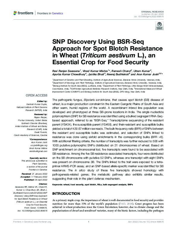 (PDF) SNP Discovery for Spot Blotch Resistance in Wheat via BSR-Seq