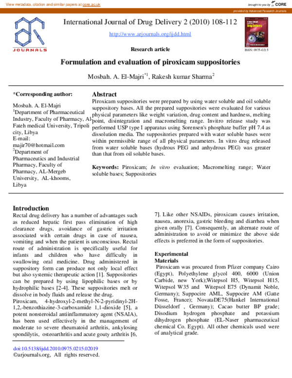 Pdf Formulation And Evaluation Of Piroxicam Suppositories