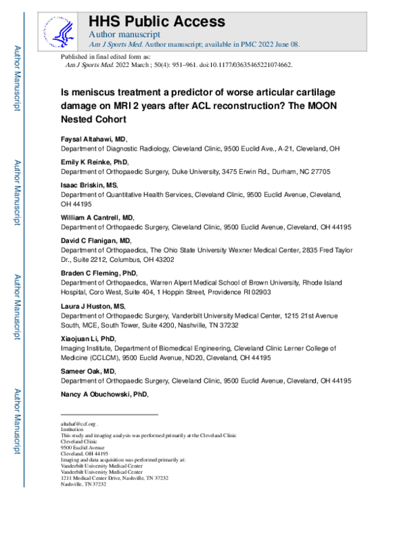 (PDF) Meniscal Treatment as a Predictor of Worse Articular Cartilage ...