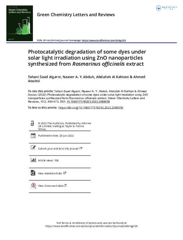 (PDF) Photocatalytic degradation of some dyes under solar light irradiation using ZnO ...
