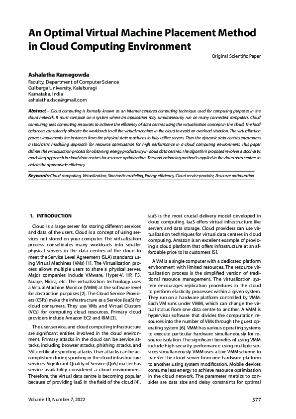 Pdf An Optimal Virtual Machine Placement Method In Cloud Computing Environment Asha Latha