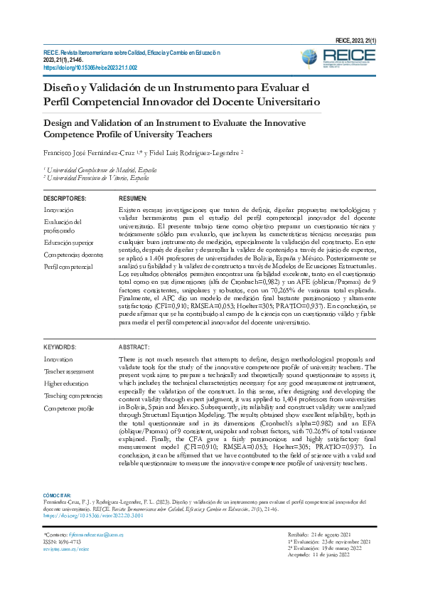(PDF) Diseño y Validación de un Instrumento para Evaluar el Perfil Competencial Innovador del ...