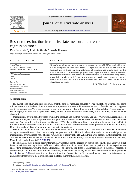 Pdf Estimation In Multivariate Measurement Error Regression Models