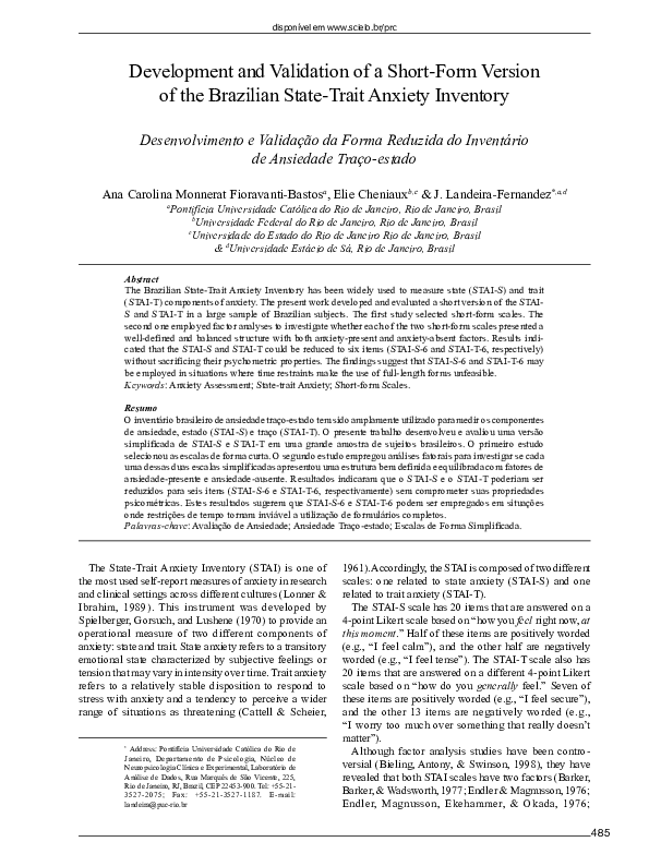 (PDF) Development and validation of a short-form version of the Brazilian state-trait anxiety ...